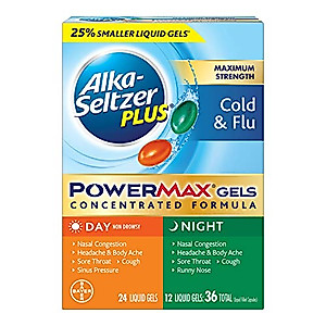 Alka-seltzer Plus Cold & Flu, Power Max Cold and Flu Medicine, Night, For Adults with Pain Reliever, Fever Reducer, Cough Suppressant, Nasal Decongestant, Antihistamine, 36 Count