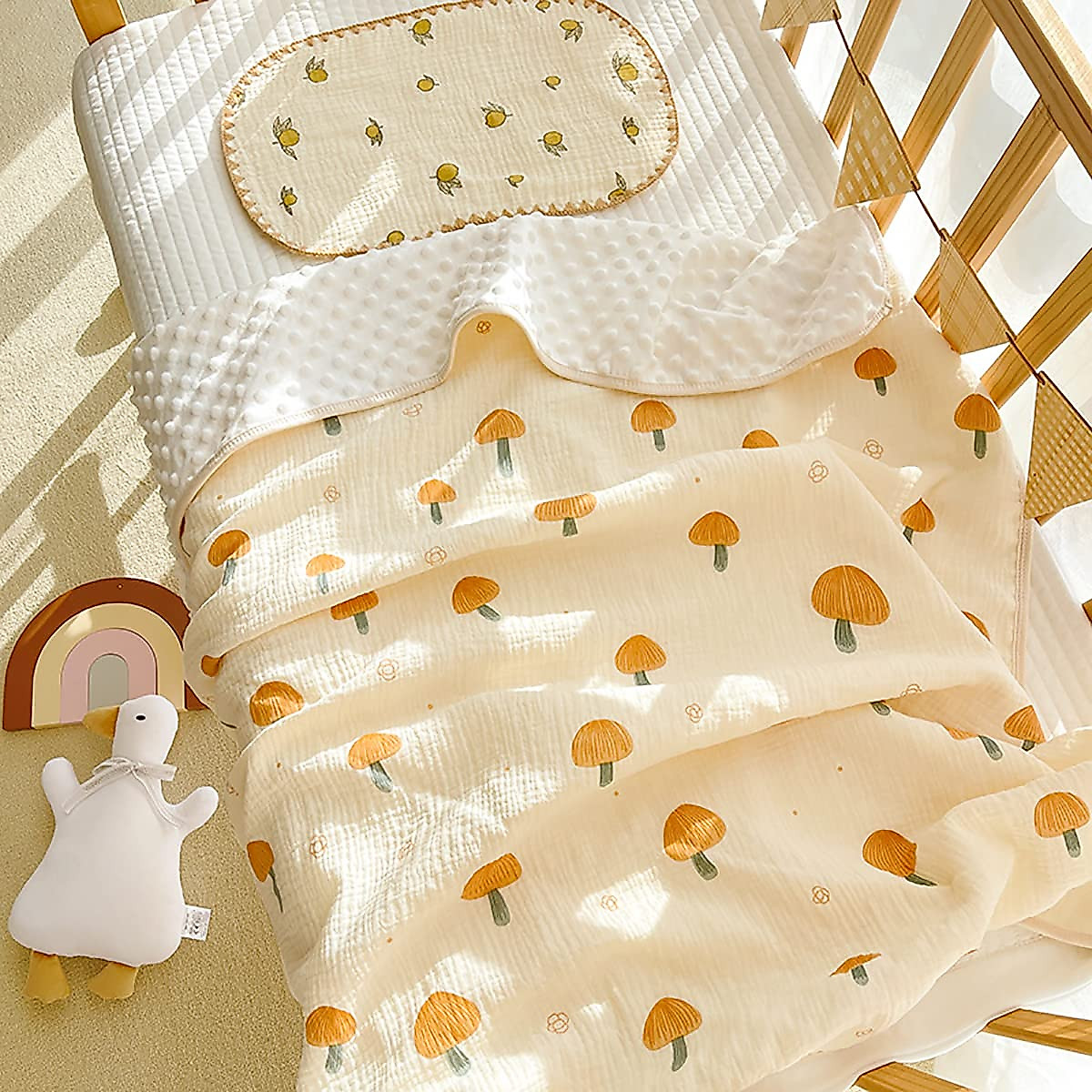 Baby Blanket for Unisex Boys Girls Toddler, Soft Minky with Double Layer Dotted Backing and Muslin Cotton Front, 39X43 in (Mushroom) Nursery Bed Throw Quilt