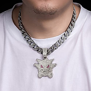 IDRUPACE Miami Mens Cuban Link Chain Silver Gold Plated Bling Cuban Necklace Diamond Chain for Men 13MM iced out chain Hip Hop Jewelry (Silver Chain+Elves Pendant, 18.0 Inches)