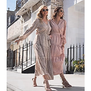 PRETTYGARDEN Women's 2024 Long Sleeve Ruffle Wrap V Neck Floral Maxi Dress Tie Waist Boho Chiffon Casual Flowy Long Dress(Pink,Large)