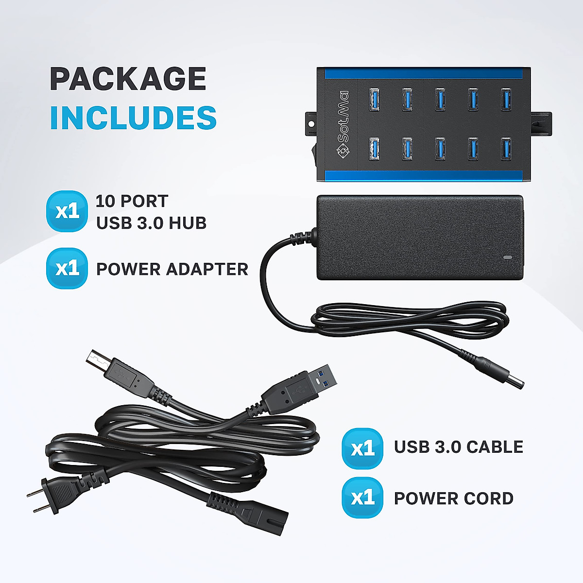 USB 3.0 Powered Hub - Multi-safety 10-Port Hub 3.0 with Adapter - Aluminum USB Splitter with Mounting Brackets - Extra USB Ports for Laptops & PC
