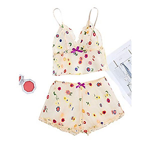 Verdusa Women's Floral Embroidered Sheer Mesh Bralette Top Shorts Lingerie Set Apricot L
