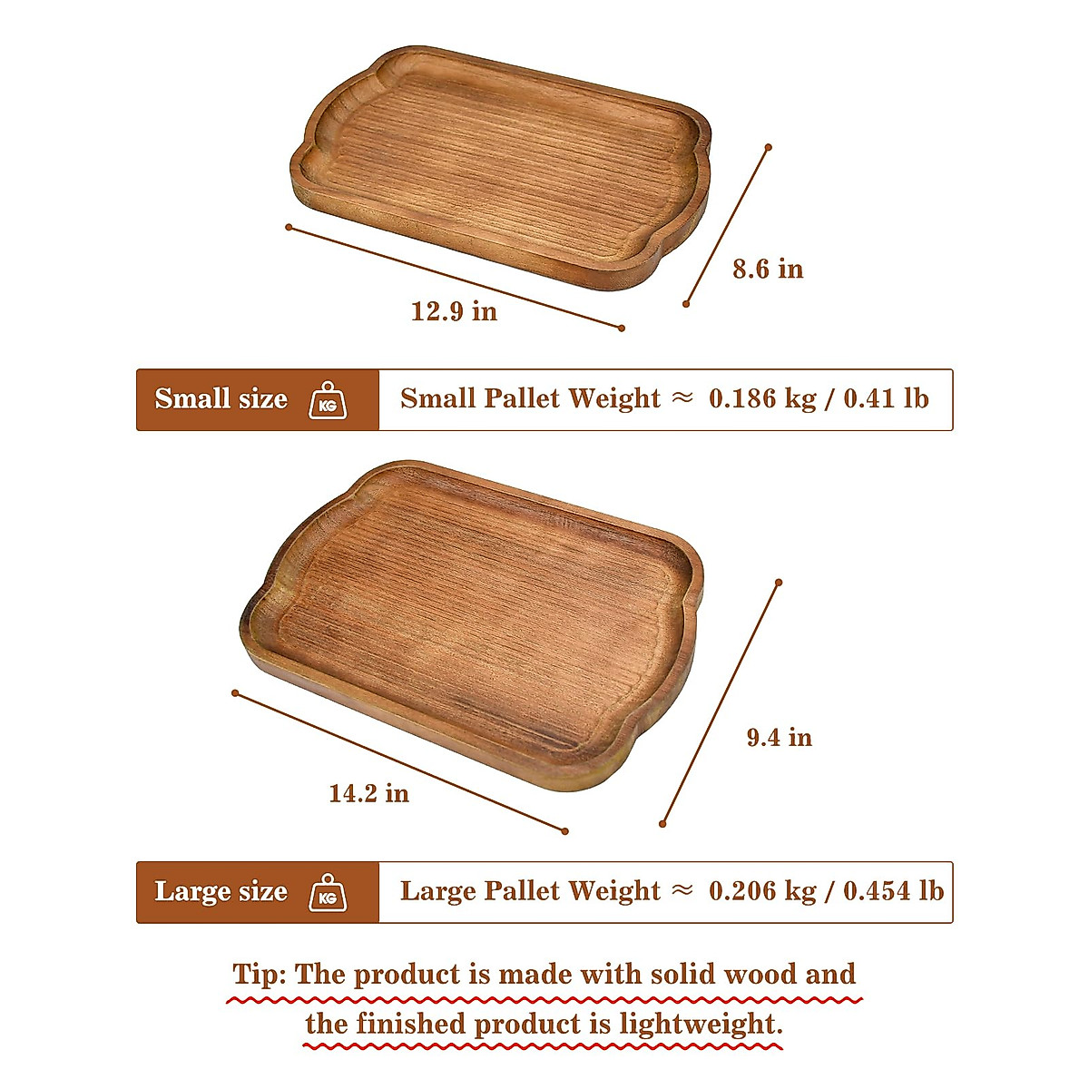 Rustic Wood Serving Tray Set of 2 Brown Rectangular Decorative Trays Farmhouse Charcuterie Boards Platter for Food, Fruit, and Coffee Great for Bed, Living, Ottoman, Coffee Table, Kitchen, or Party.