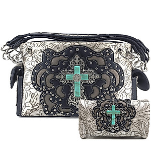Zelris Western Turquoise Rhinestone Cross Women Conceal Carry Handbag Wallet Set (Silver)
