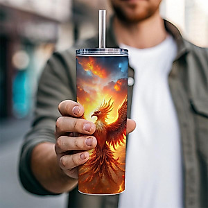 Flaming Phoenix Rising From Ashes Fantasy Bird Skinny Tumbler 20oz with Straw Insulated Water Bottle Gift