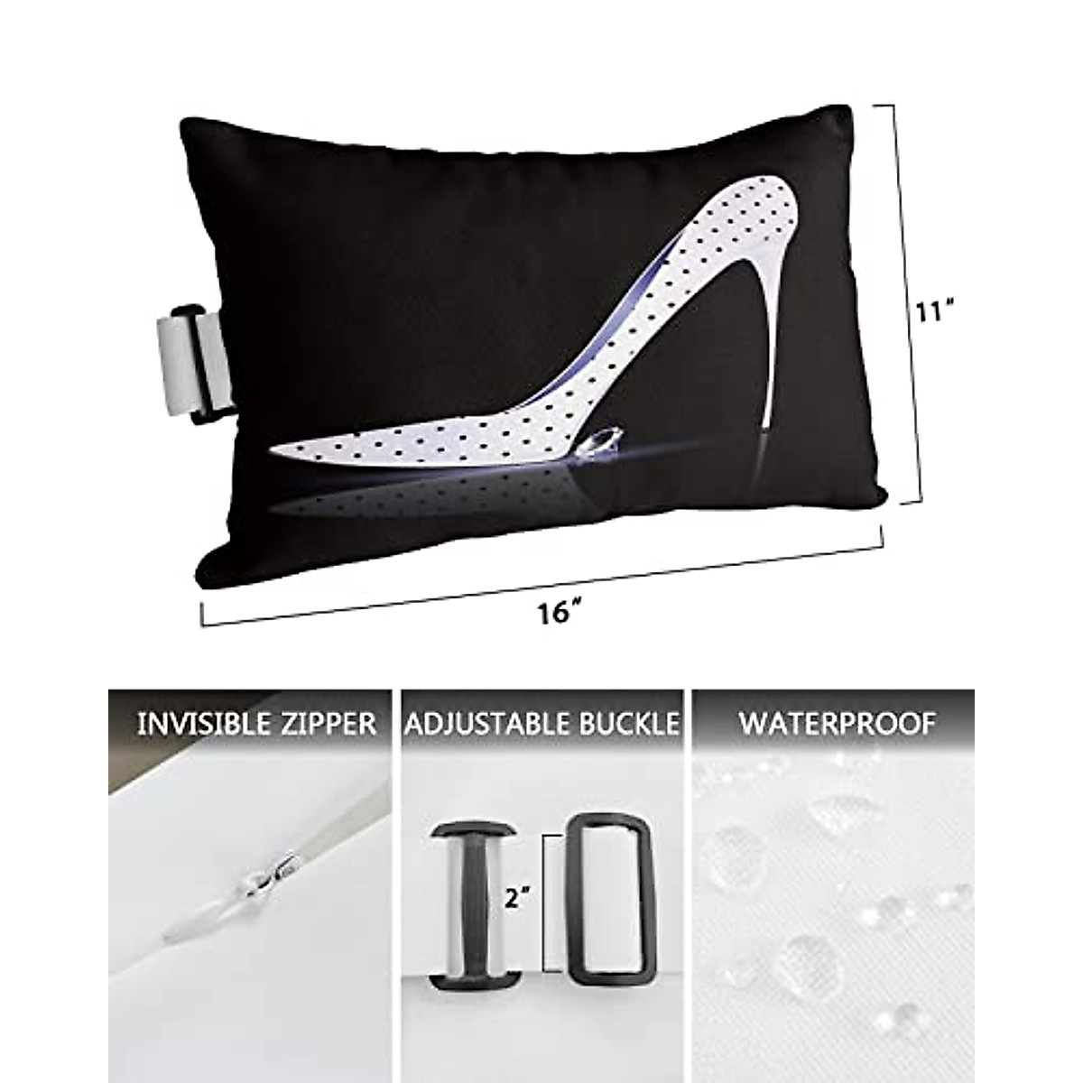 HilariousM High Heels Shoes Diamond Outdoor Pillows for Chaise Lounge Chair, White Black Waterproof Lumbar Head Support Pillow with Adjustable Elastic Band for Pool Patio Furniture Decorative