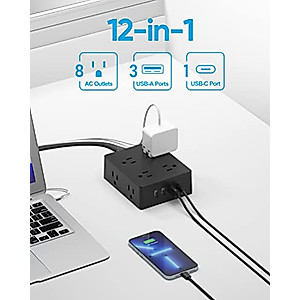 Cruise Essentials, Thin Plug Power Strip with 8 Outlets 4 USB Ports(1 USB C), 5ft Flat Extension Cord, Non Surge Power Strip for Cruise Ship Travel, Dorm Room Essentials