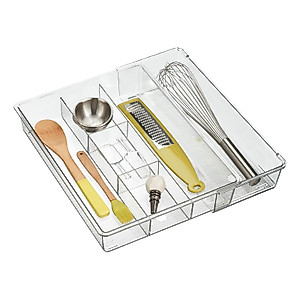mDesign Adjustable, Expandable Plastic In-Drawer Utensil Organizer Tray Deep 5 Section Divided for Kitchen Organization; Holds Cutlery, Flatware, Silverware, Cooking Utensils, Ligne Collection, Clear