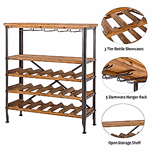 glitzhome Rustic Wine Rack 5-Tier Free Standing Floor Wine Rack for Wine Bottles and Glasses 21-Bottle Stackable Capacity Wine Storage Shelves with Glass Holder Wood Wine Rack for Kitchen Bar Pantry