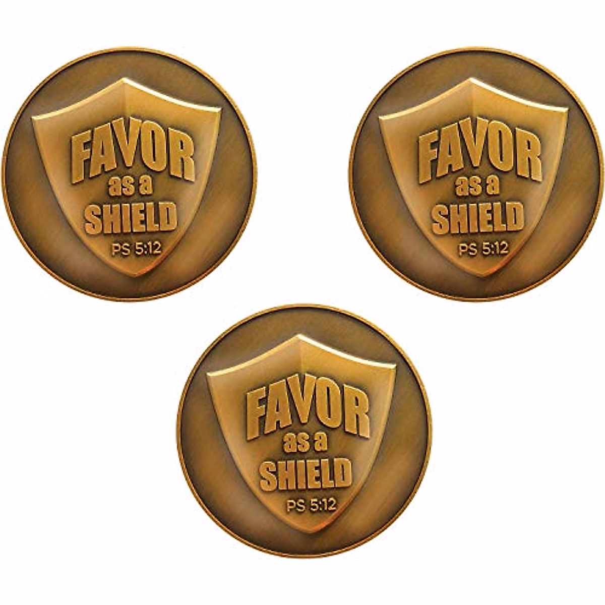 You are The Lord's Favored, Bulk Pack of 3 Religious Pocket Tokens of Prayer and Faith, Antique Gold-Color Plated Christian Challenge Coins, Inspirational Psalm 5:12 Church Handout Gifts