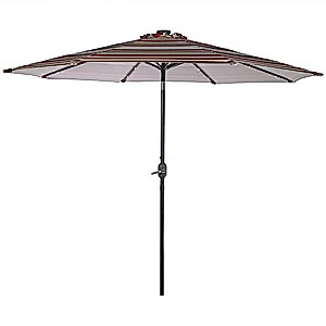 Sunnydaze 9 Foot Outdoor Patio Umbrella with Solar Lights & Tilt/Crank, LED, Awning Stripe