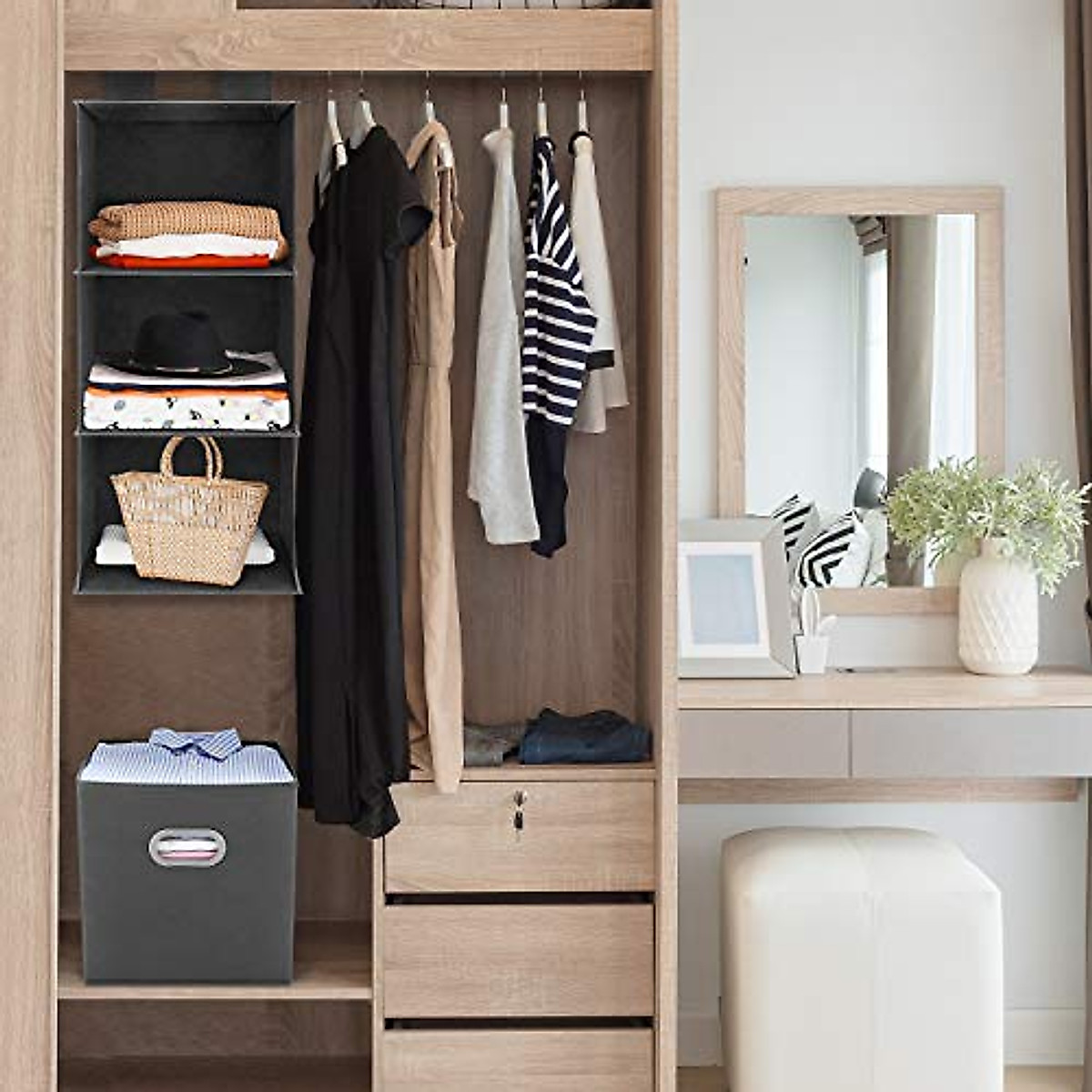 MaidMAX 3 Tiers Cloth Hanging Shelf for Closet Organizer with 2 Widen Straps, Foldable, Gray