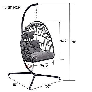 OUTPLATIO Swing Egg Chair with Stand Indoor Outdoor 350lbs Capacity Hanging Wicker Hammock Chair with UV Resistant Cushion Collapsible Foldable Basket for Bedroom Balcony Patio Garden (Dark Gray)