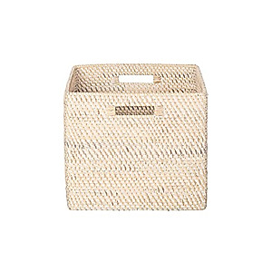 Loma Square Rattan Storage Basket with Cut-Out Handles - White-Wash - Coastal-Inspired Handwoven Rattan Basket for Home Organization & Décor