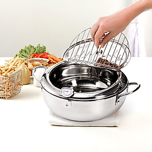 Yopay Deep Fryer Pot 304 Stainless Steel, 3.2L Frying Chicken Pot with Thermometer Control and Lid, Japanese Style Tempura Fryer Pot