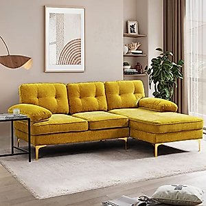 LANELIFE 79" W 3-Seat Sofa, L Shaped Sectional Sofa Bed,with Extra Wide Chaise Lounge and Gold Legs, Chenille Couch for Living Room, Apartment and Small Space (Golden)