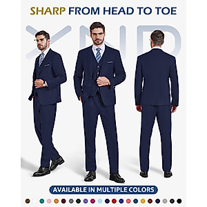 YND Men's Slim Fit 2 Button 3 Piece Suit Set, Blazer Jacket Vest Pants and Tie, Solid Wedding Dress Tux and Trousers Deep Blue