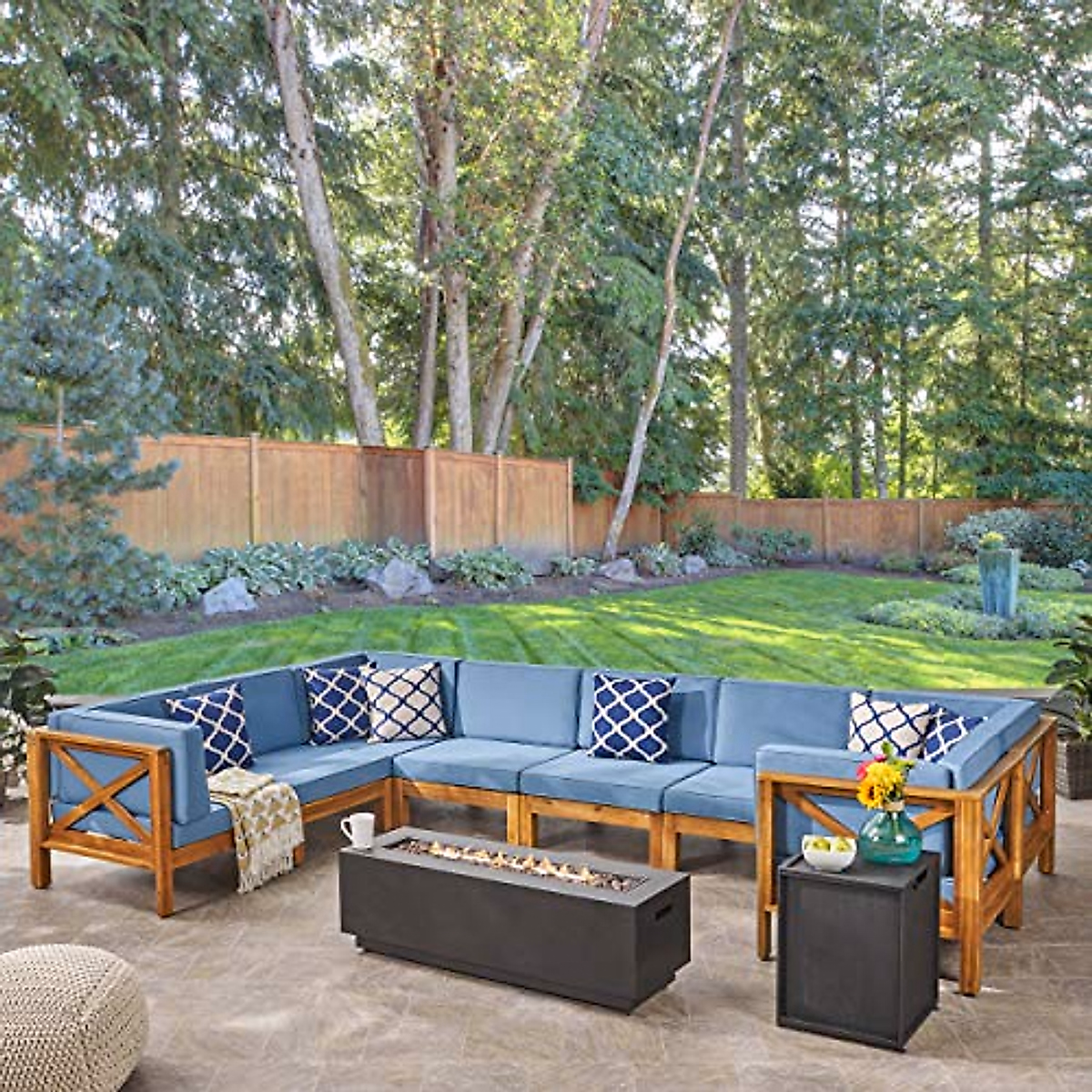 Great Deal Furniture GDFStudio Outdoor Farmhouse Acacia Wood 8 Seater U-Shaped Sectional Sofa Set with Fire Pit, Teak, Blue, and Dark Gray