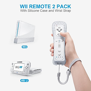MOOGOLE Wii Remote Controller, Wii Controller 2 Pack, Wii Remotes 2 Pack, with Silicone Case and Wrist Strap, for Nintendo Wii/Wii U