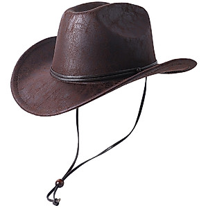 Lanzom Women Men Leather Western Cowboy Hat Cowgirl hat Fedora Outdoor Wide Brim Hat with Lanyard (B-Brown, One Size)