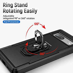 Niecase for Google Pixel 7A 5G Case with 2 Screen Protector, Military Grade Dual Layer Heavy Duty Shockproof Full Body Protective Phone Cover, Built in Rotatable Magnetic Ring Holder for 7A (Black)