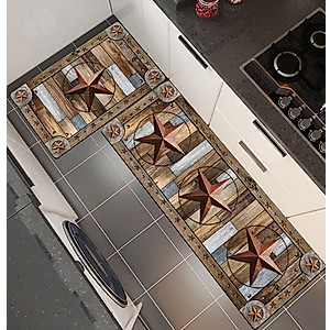 AILUER Farmhouse Wood Kitchen Rugs Mats Set of 2 Rustic Texas Star Anti-Fatigue Cushioned Kitchen Floor Mat Non-Slip Backing Washable Kitchen Rugs Set Office Laundry, 17inchx29.5inch+17inchx47inch