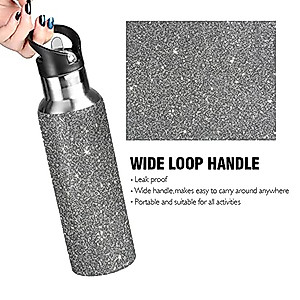 Grey Shiny Water Bottle with Straw Lid, 20 Oz Stainless Steel Insulated Keeps Hot and Cold Bottle, Leakproof Sports Gym Cycling Outdoor Water Flask Thermos Bottle