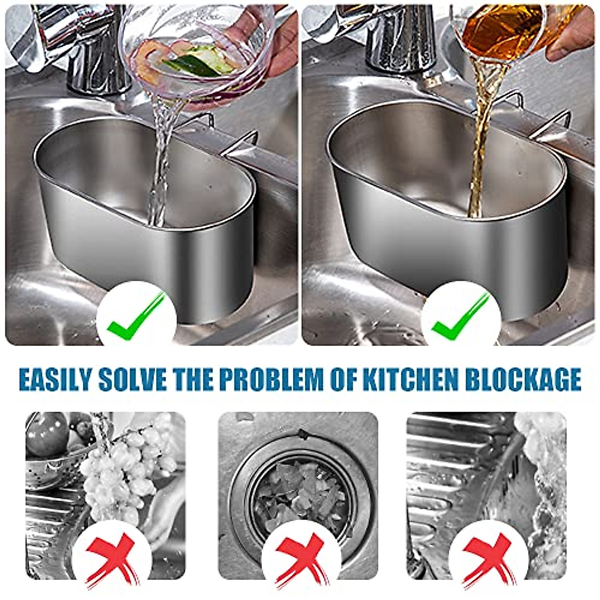Stainless Steel Sink Drain Strainer Basket, Multifunctional Hanging Sink Strainer Colander Drain Basket for Filter Kitchen Waste and Wash Vegetables Fruits (Silver)