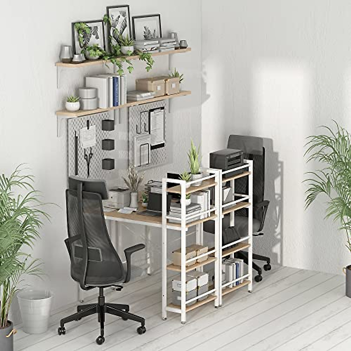 4NM 35" Small Computer Desk with 4-Tier Bookshelf, Home Office Desk Writing Workstation Study Table Multipurpose for Small Space Work - Natural and White