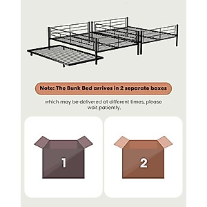 Miscoos Full XL Over Queen Bunk Bed with Trundle, Heavy-Duty Bunk Bed Frame with Ladder and High Guardrail, Convertible into 3 Beds for Kids Teens Girls Boys, Black