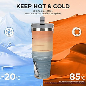 30oz Stainless Steel Insulated Tumbler with Flip Lid & Straw, Leakproof Travel Mug for Car, Hand Drawn Penguin Double Wall Vacuum Thermal Coffee Cup with Handle, Spill-Proof Design for Hot/Cold Drinks