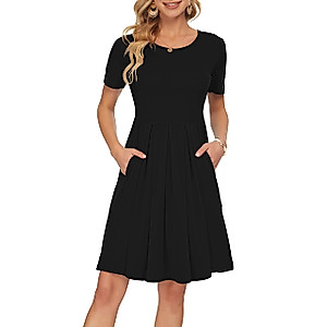 AUSELILY Women's Short Sleeve Summer Dress Pleated Loose Swing Knee Length Dresses with Pockets 2025 New Black L