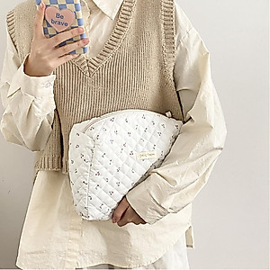 BILIPOPX 2 Pack Kawaii Cute Makeup Bag Aesthetic Travel Quilted Cotton Cosmetic Bag Organizer Toiletry Pouch for Women Teen Girls