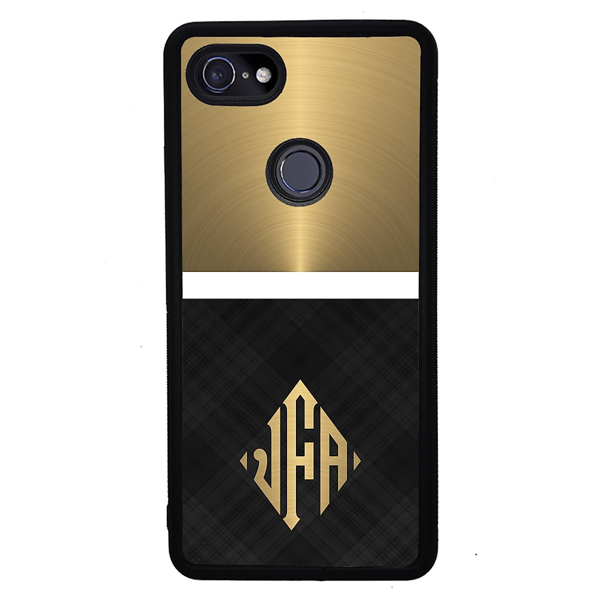 Black and Gold Personalized Diamond Monogram Black Rubber Phone Case Compatible With Google Pixel 8 Pro, 8a, 8, 7a, 7, Pixel 7 Pro, 6a, Pixel 6 Pro, 6, 5, 4a 5G, 4a 4G, 4, 4 XL, 3a, 3a XL, 3, 3 XL
