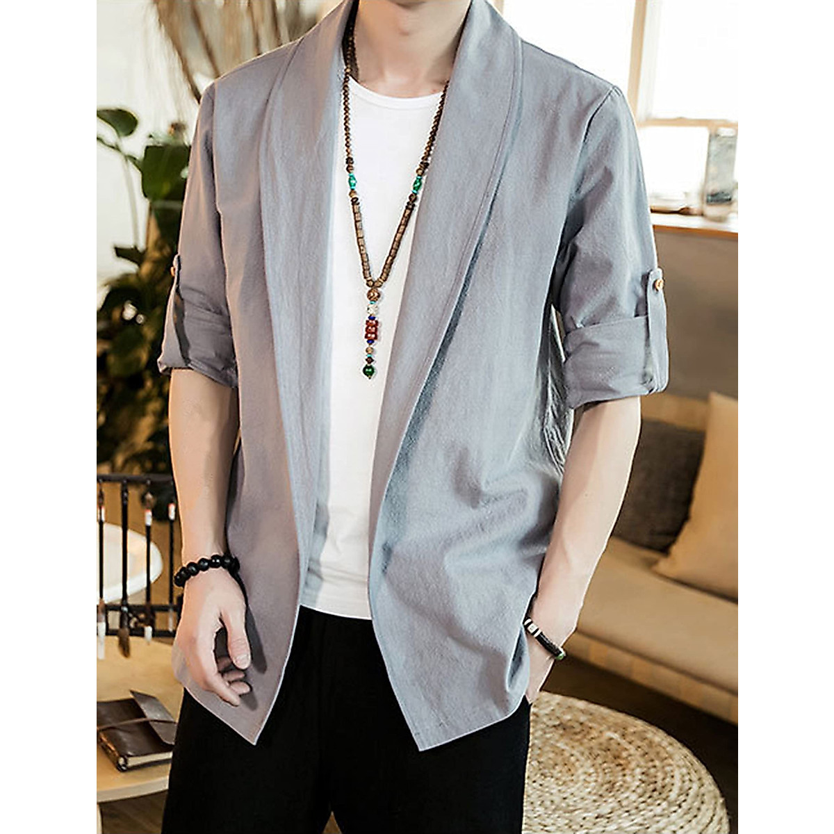 Mingzhu Mens Cotton Linen Blazer Jacket Roll Up Long Sleeve Notched Lapel Sport Coat(0733-Grey-M)