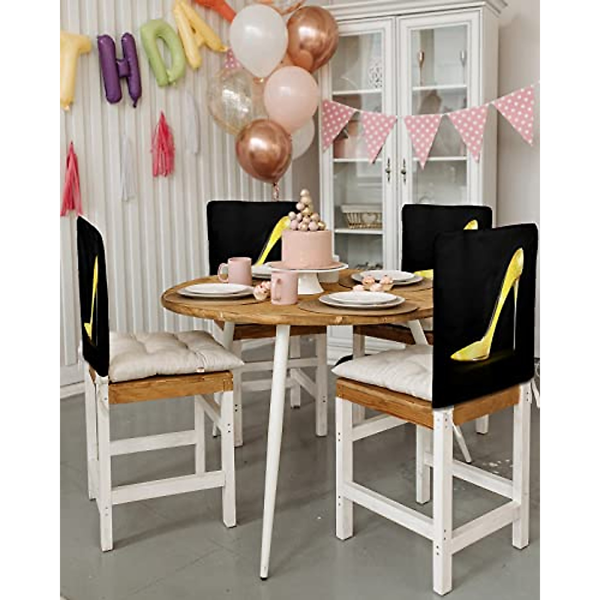 4 Pcs Dining Chair Slipcovers Golden Sexy High-Heeled Shoe,Removable Chair Back Covers Women Shining Heels on Dark Black Chair Protector for Home Kitchen Dining Room Holiday Party Decor