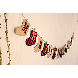 Merry Christmas Banner - Burlap Sock Shaped Christmas Decoration, Unique Hand-Sewn Christmas Decor, Great Firepalce Decoration for Christmas