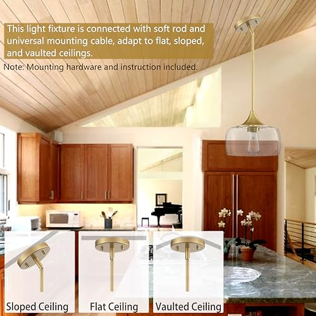 1 Light Semi Flush Mount Ceiling Light Pendant Light Modern Handblown Clear Glass Shade Classic for Farmhouse, Entryway, Dining Room, Kitchen Island (1 Pack, 10" Gold Pendant Light)