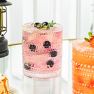 Glass Cups Vintage Drinking Glasses Set of 4, Clear Hobnail Glasses Tumbler, Embossed Design Glassware, Romantic Water Glasses, for Beverage, Juice, Cocktail, Soda, Water, Whiskey (Large)