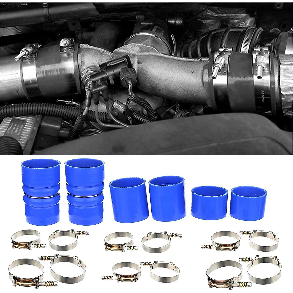 Heavy Duty High Temp Reinforced Silicone Intercooler Boots Kit with Hose Clamps Compatible with 1999.5 2000 2001 2002 2003 Super duty 7.3L Ford Powerstroke F-250 F-350 Turbo Diesel (blue)