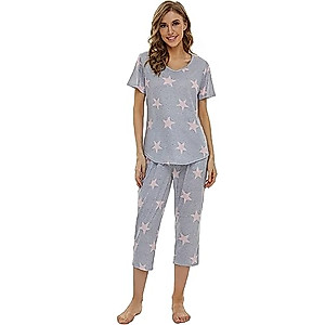 MOYEE Women's Pajama Set Soft Lounge Outfits Short Sleeve Capri Pants with Pockets(#01 Grey Ps, Large)