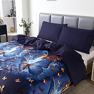 MAG 3pcs Butterfly Bedding Duvet Cover Set,Vintage Bedding Sets,Cute Duvet Cover Set for Toddler, Kids, Girls, Super Soft Microfiber (no Comforter) (Dark Blue, Twin)