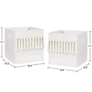 Sweet Jojo Designs Ivory Boho Bohemian Foldable Fabric Storage Cube Bins Boxes Organizer Toys Kid Baby Children - Set of 2 - Gender Neutral Solid Beige Cream Off White Farmhouse Chic Minimalist Tassel