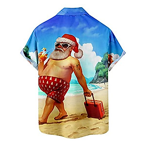 Lcxifdre Christmas Bowling Shirts for Men Xmas Santa Short Sleeve Button Down Shirt Hawaiian Daily Streetwear Tops Casual Tee Light Blue