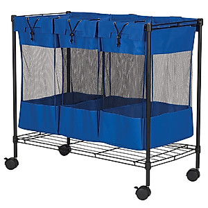 Household Essentials 7119 Rolling Triple Laundry Sorter on Wheels – Storage Organizer-  Black Steel Frame