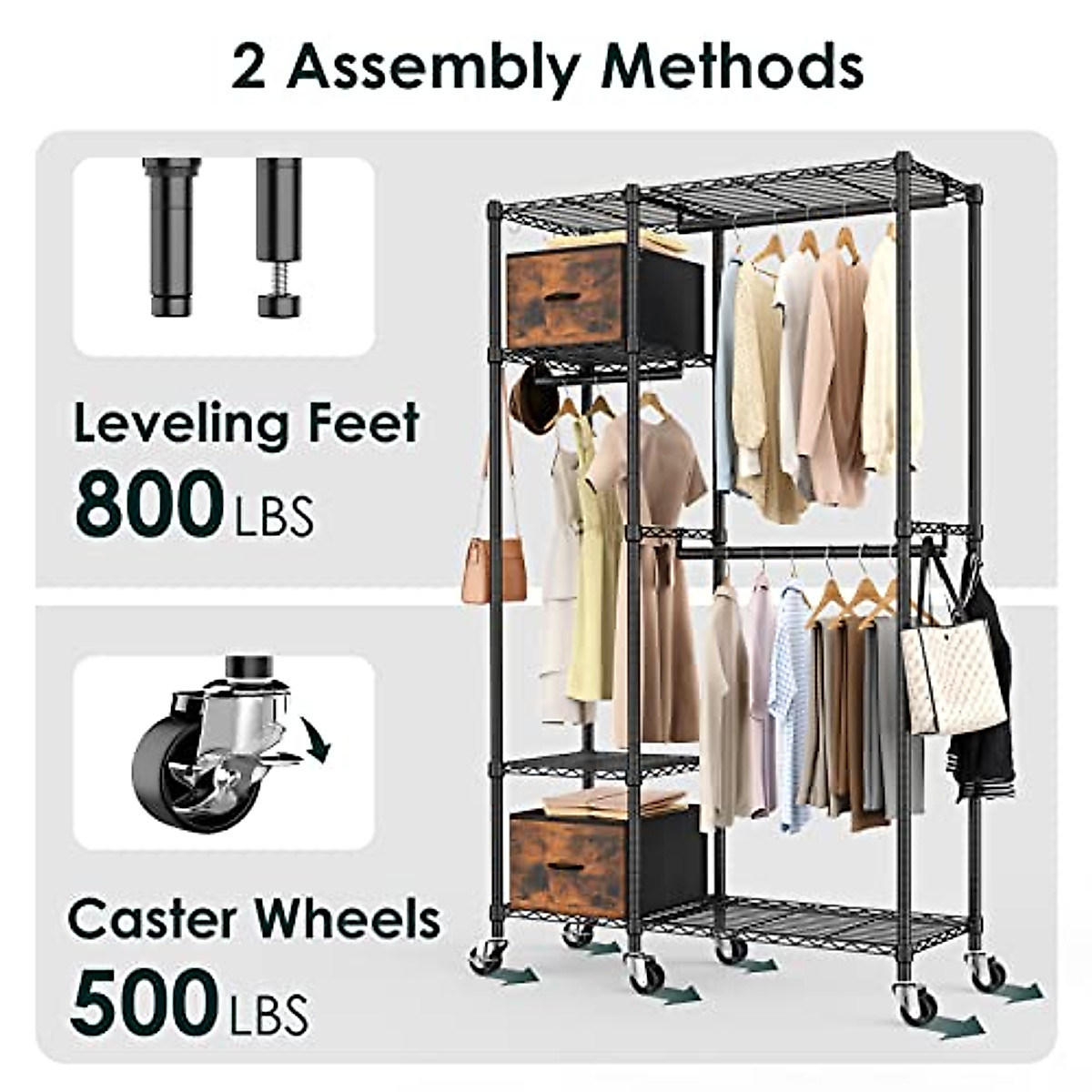 Memobarco Clothing-Rack, Heavy Duty Rolling Clothes-Rack, 4 Tiers Wire Shelving Garment Rack with 3 Hanging Rods & 2 Storage Drawers, Freestanding Portable Closet Wardrobe Clothes Organizer, Black