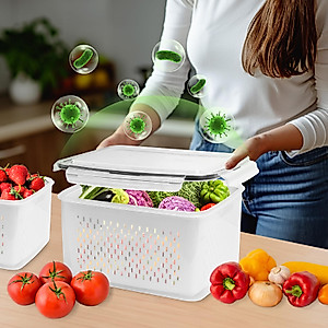KETNET 5 Size Fruit Vegetable Storage Containers for Fridge with Colander and Lid Refrigerator Storage Containers Bins Organizer for Fruit Food Produce, Lettuce Keeper Keep Fruit Fresh Longer