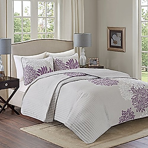 Comfort Spaces Enya Quilt Set - Casual Floral Print Channel Stitching Design, All Season, Lightweight Coverlet, Cozy Bedding, Matching Shams, Decorative Pillows, Full/Queen(90"x90"), Purple 3 Piece