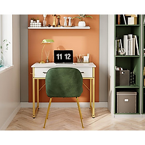 ODK Vanity Desk Without Mirror, Makeup Vanity with 2 Fabirc Drawers, White Vanity Dressing Vanity Table with Versatile Hook, 32 Inch Small Vanity for Bedroom, Desk Make Up for Girls, White and Gold