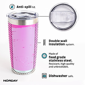 NORDAY | 20oz Pink Vacuum Insulated Travel Cup With Lid - Stainless Steel Double Wall Coffee Tumbler - Keeps Temperature up to 24hr - Anti Spill Lids